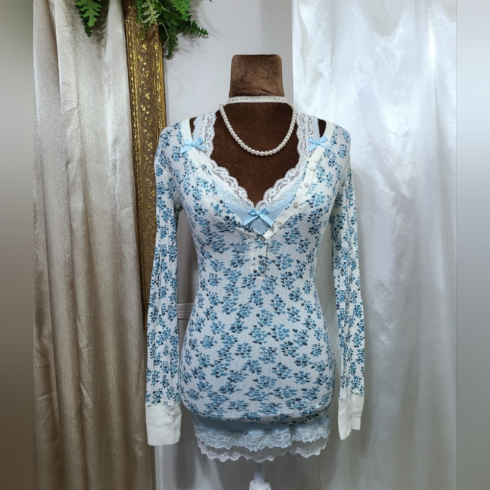 Y2k Aeropostale Aqua Blue Pointelle Heart Print Butto… - Gem